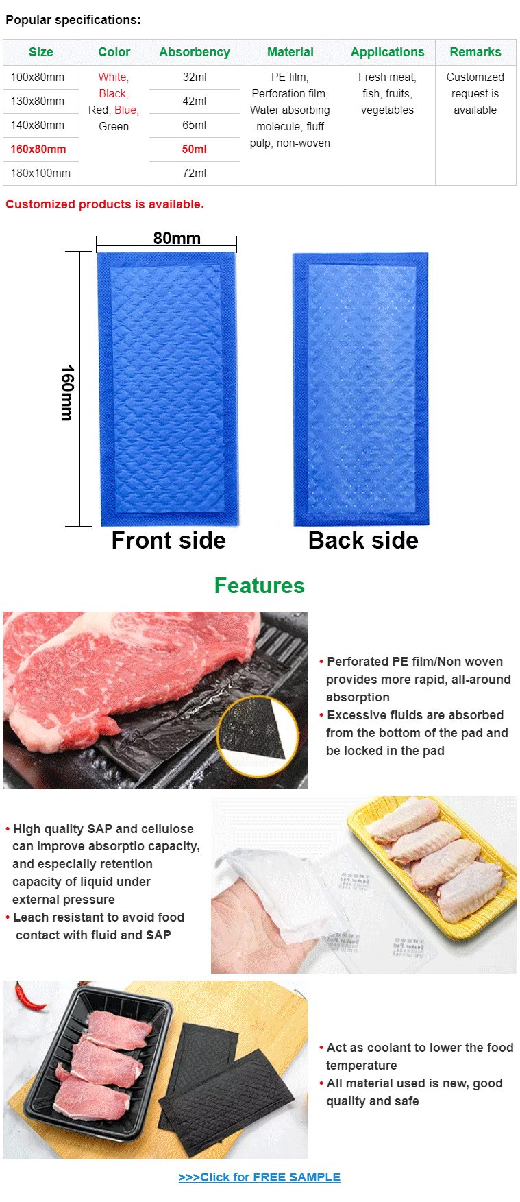 Cheap price 160x80mm water absorbing absorbent pad soaker for meat ...