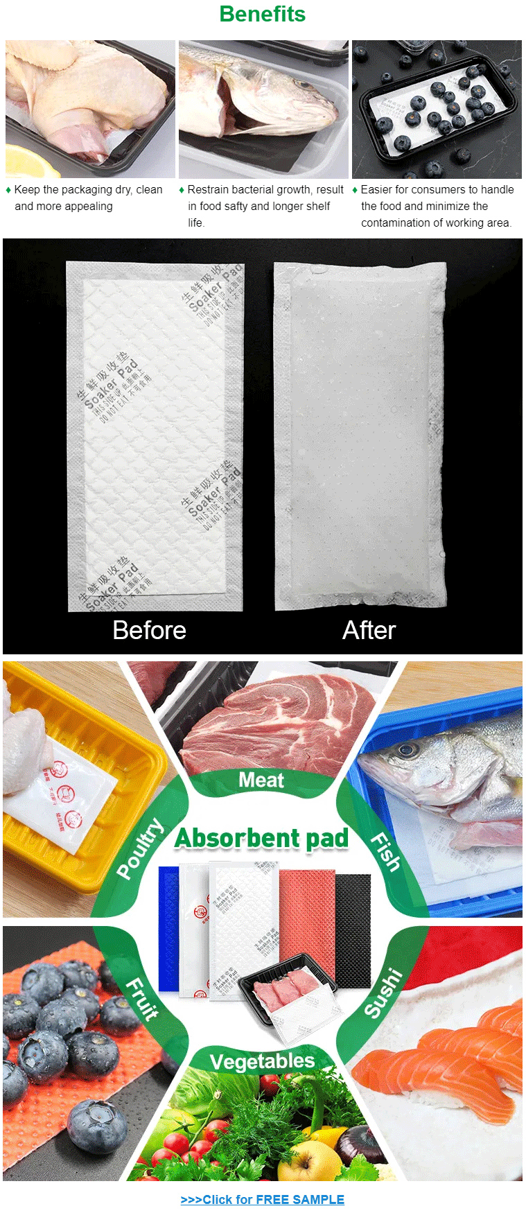 Cheap price 160x80mm water absorbing absorbent pad soaker for meat ...